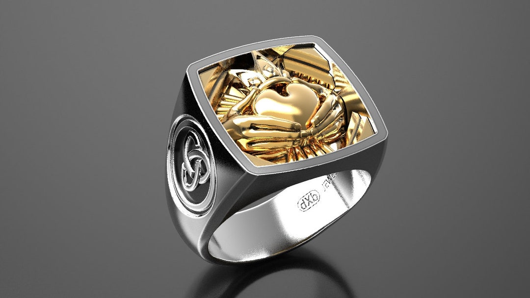 Claddagh Signet Ring for Men, Two-tone Wedding Band With Gold Claddagh ...