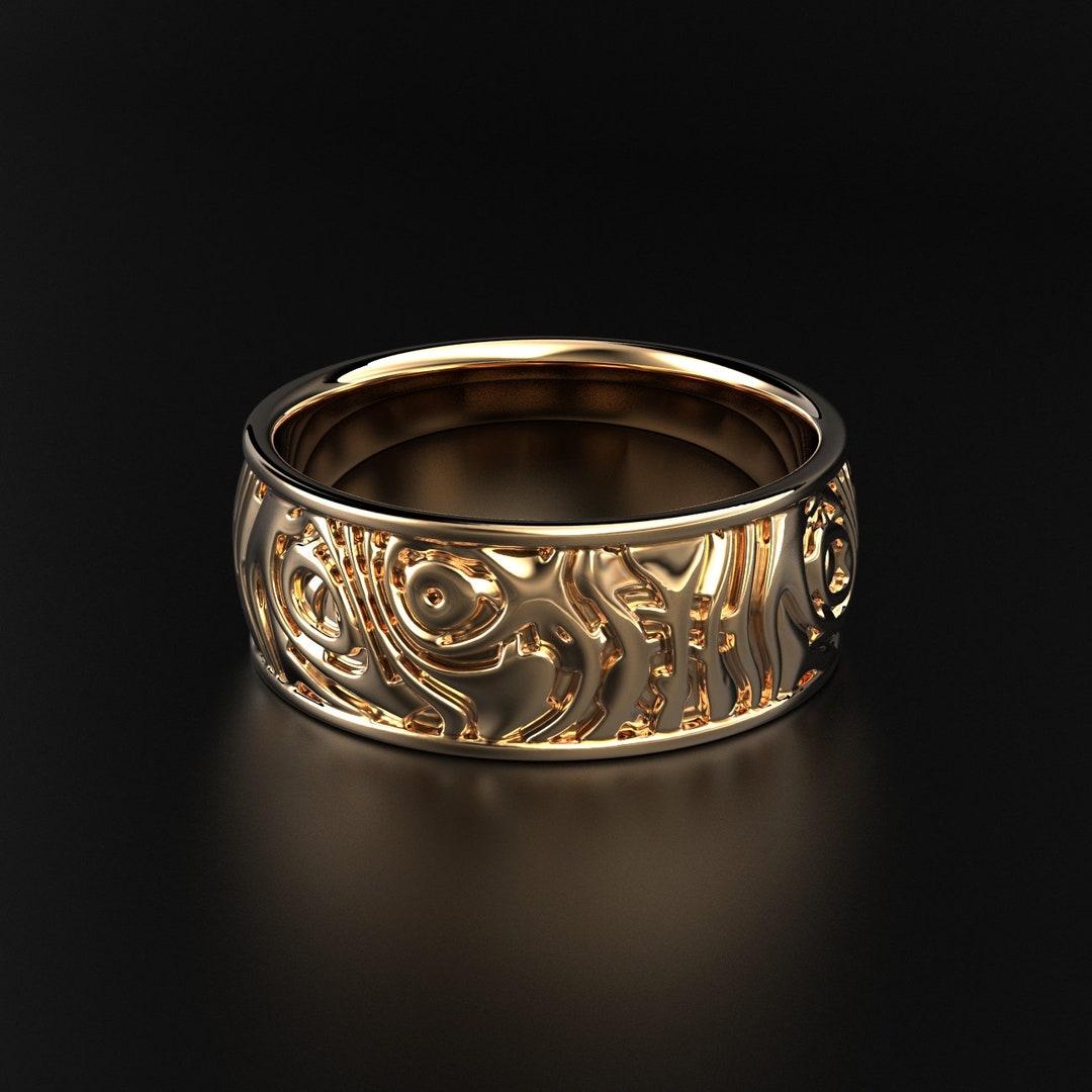 Men's 3D Damascus Antique Finish Engraved 8mm Width Ring With Round ...