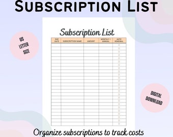 Subscription Printable, Cable Subscription Tracker, Subscription List ...