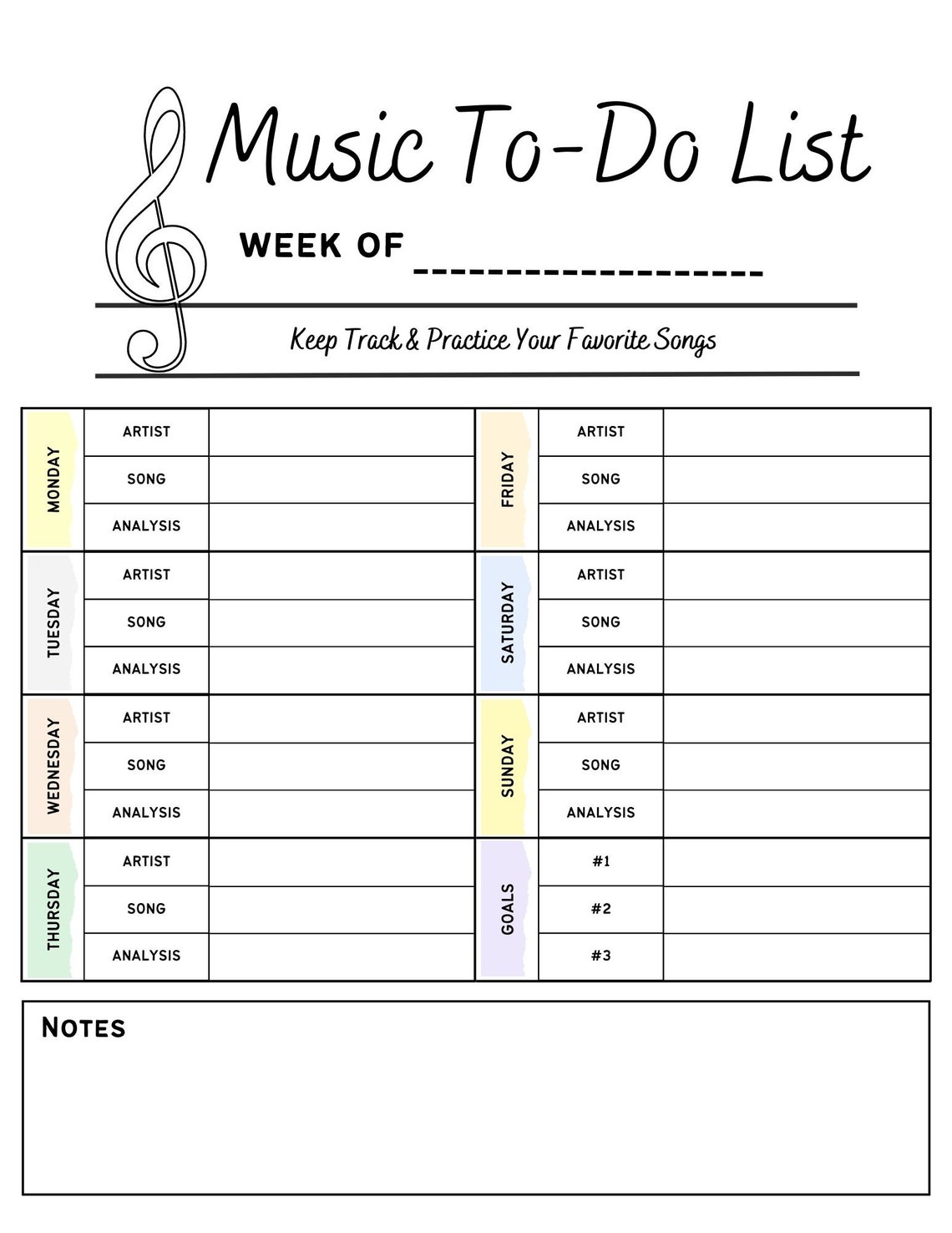 Music Practice Weekly Planner Instrument Music Practice - Etsy