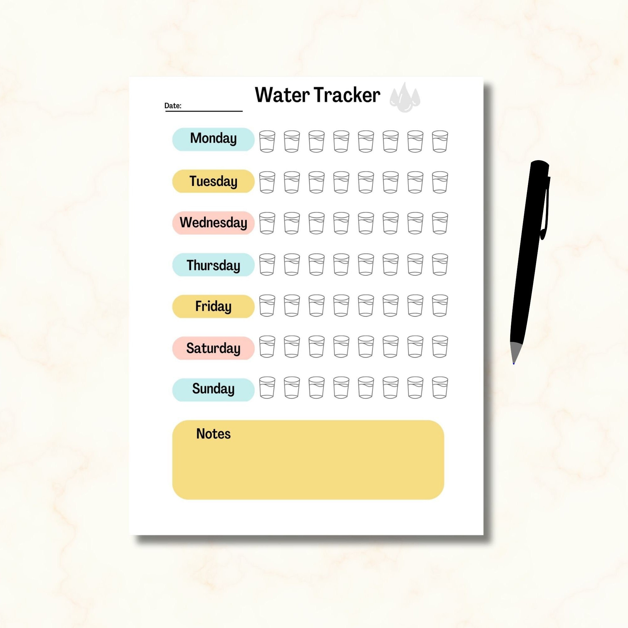 Weekly Water Tracker Hydration Tracker Drink Water Reminder - Etsy