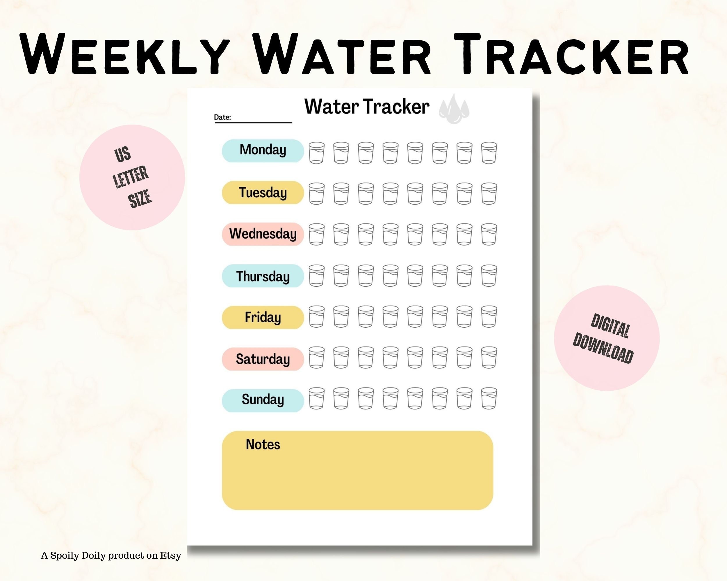 Weekly Water Tracker Hydration Tracker Drink Water Reminder - Etsy