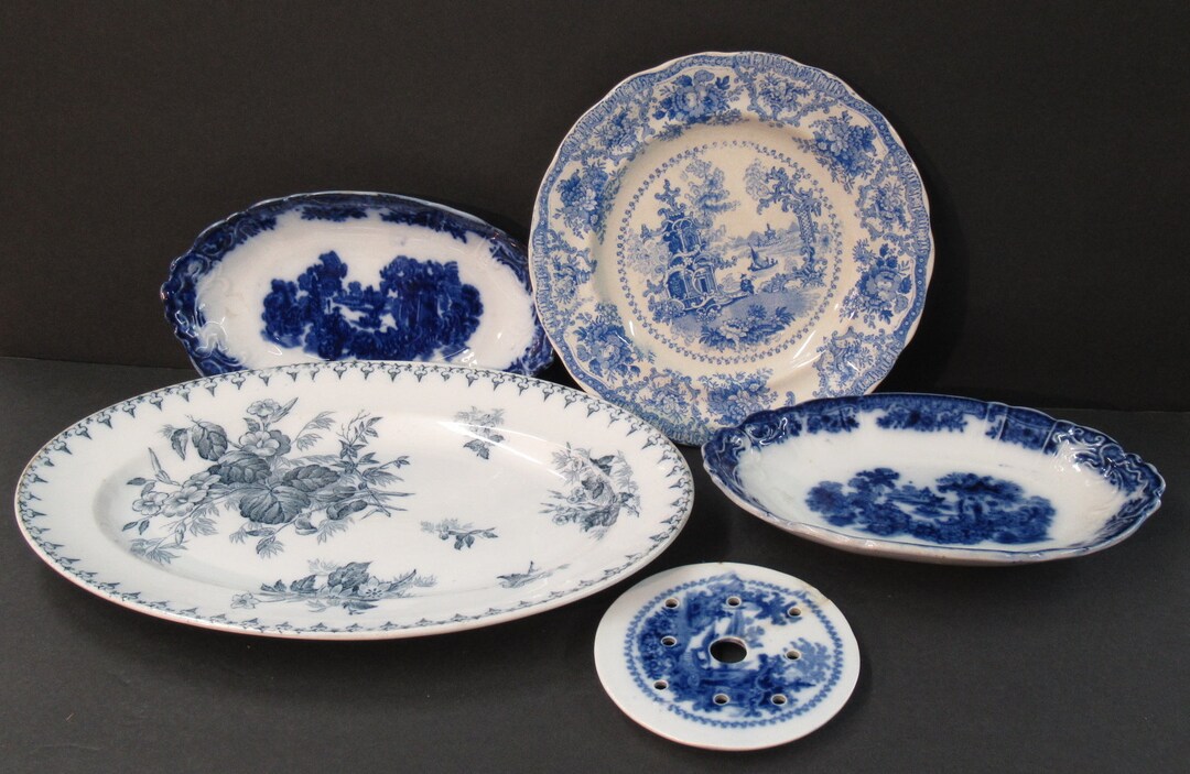 Five Early Flow Blue and Transfer Serving Plates - Etsy
