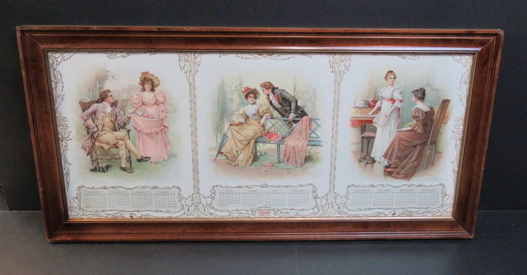 1898 Original Calendar / Antique Triptych Victorian in Vintage Frame 25 ...