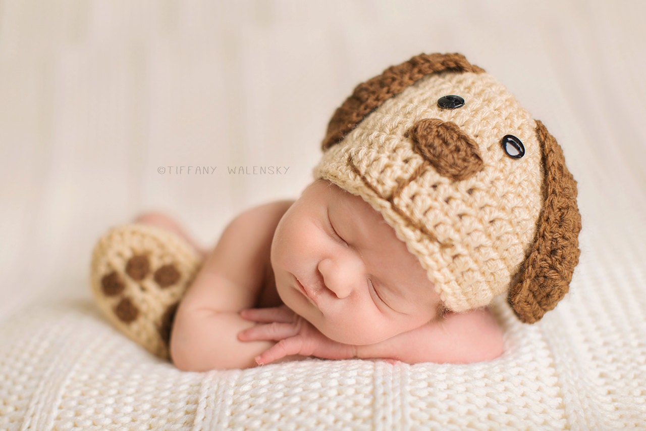 Crochet Newborn Baby Dog Hat Booties Set Crochet Newborn Photo Props ...