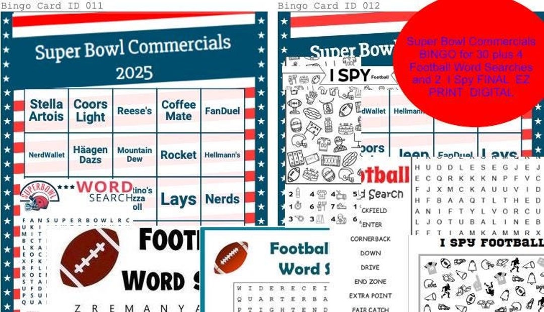 FOOTBALL Super Bowl Commercials 2025 BINGO Game for up to 30 4 Football ...
