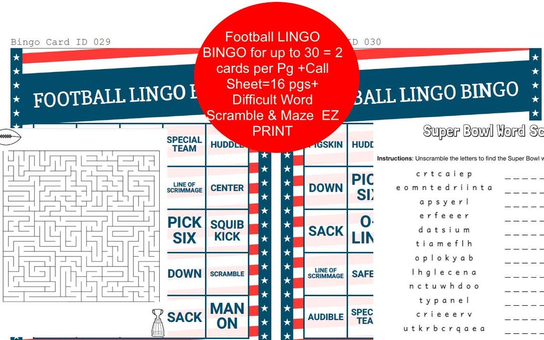 FOOTBALL Lingo BINGO Game for up to 30 1 Difficult Word Scramble and ...