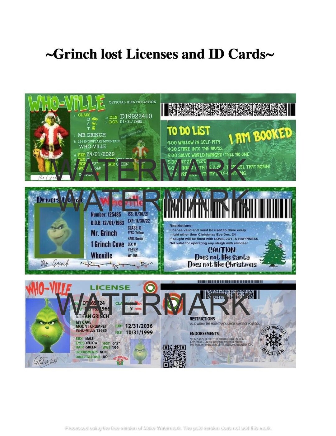 Grinch,elves,santa Lost License ID Cards Xmas Instant Digital FUN Gift ...