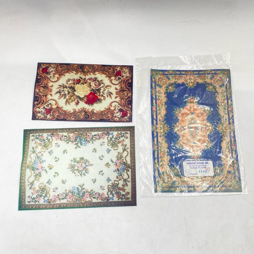 THREE Miniature Dollhouse Victorian Style Rose Flower Rugs, Dollhouse ...