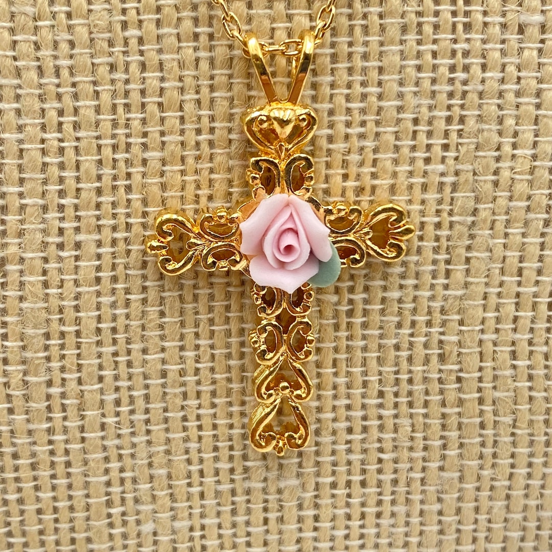 Vintage Avon Gold Tone Cross with Pink Rose Pendant Necklace, Avon ...