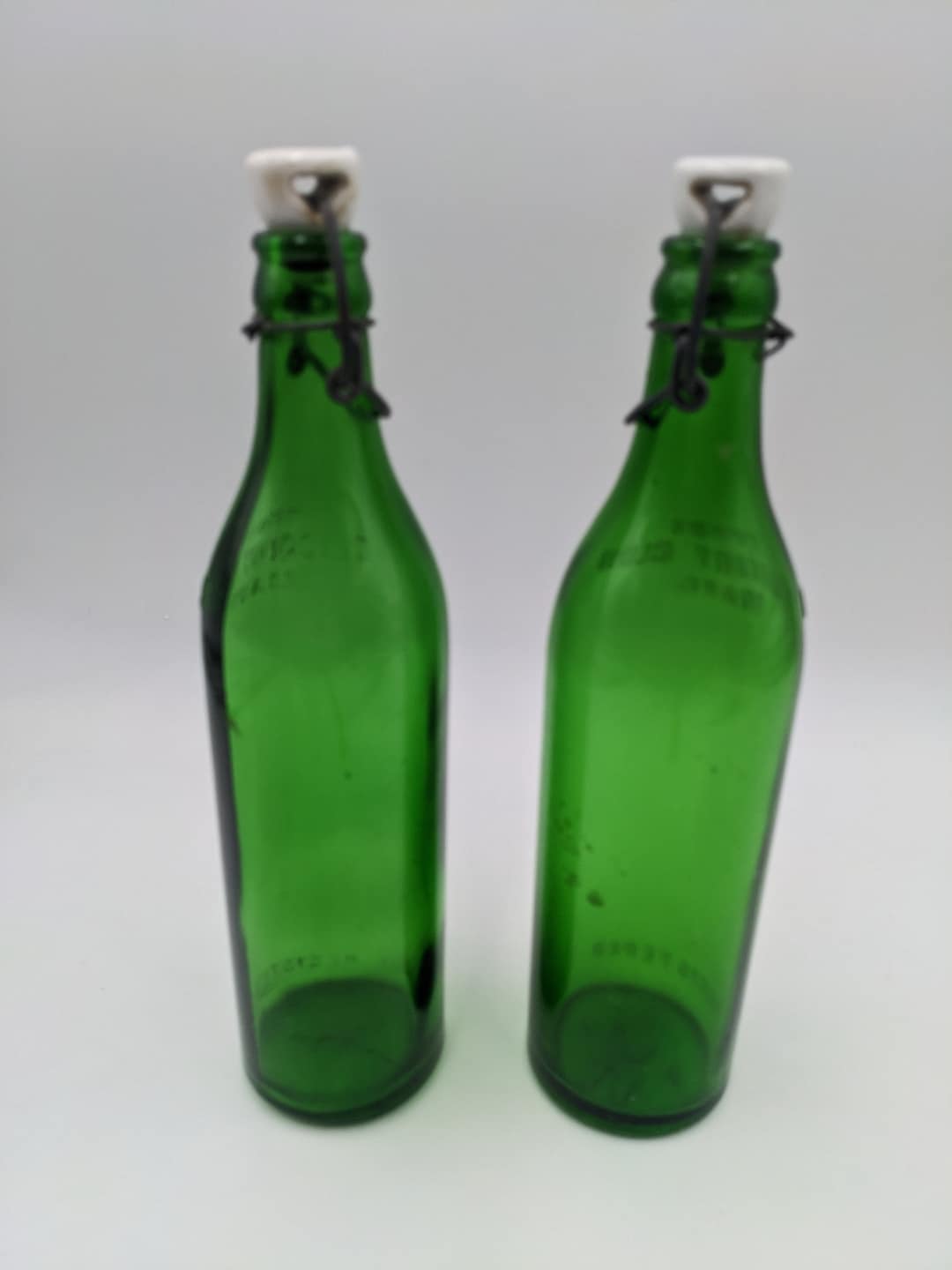 TWO Green Clicquot Club Bottles With Porcelain Bail Toppers, Old Green ...