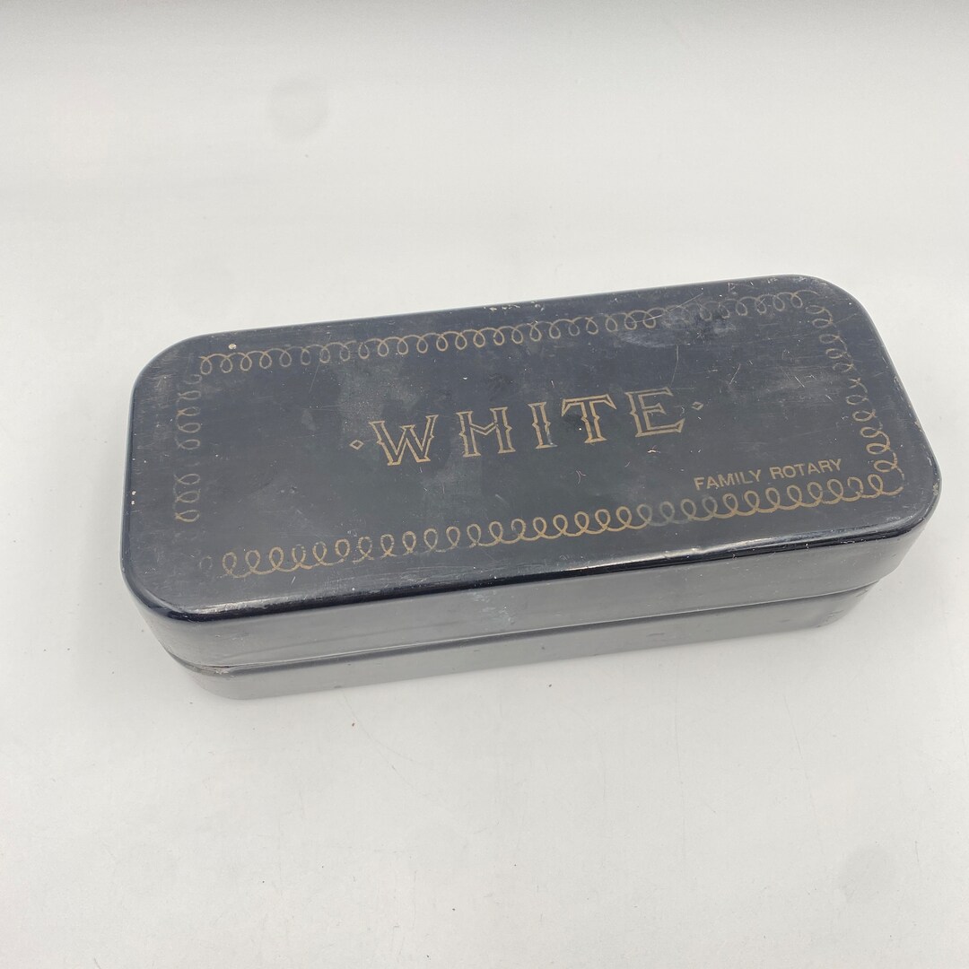 Vintage White Sewing Machine Family Rotary Tin With Attachments ...