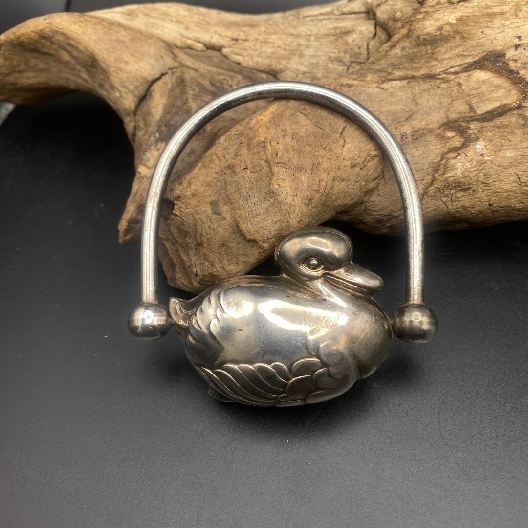 Vintage Sterling Silver Puffy Duck Rattle, Silver Twirling Duck Baby ...