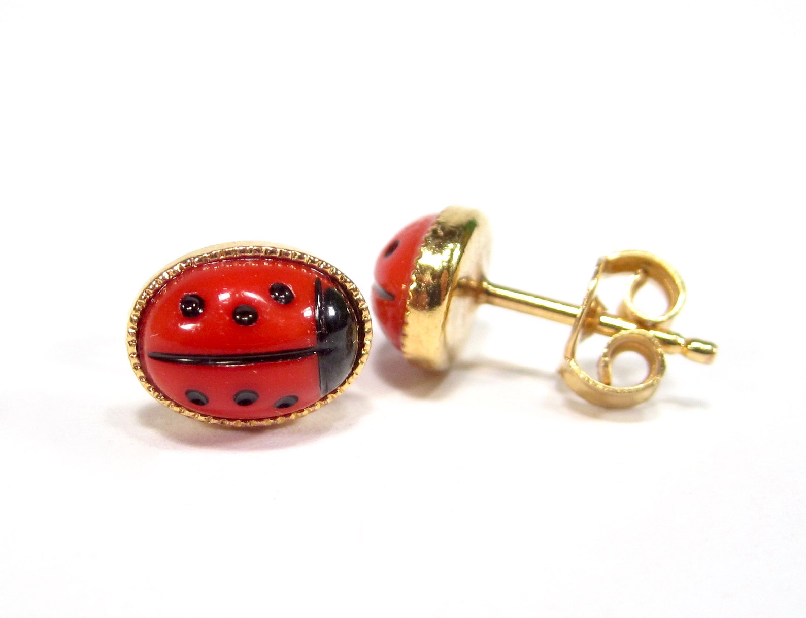 Sweet Little Vintage Ladybug Ear Studs Red Gold 1960s Glass Handmade ...