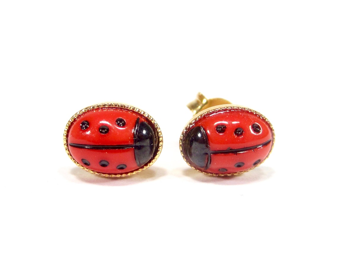 Sweet Little Vintage Ladybug Ear Studs Red Gold 1960s Glass Handmade ...