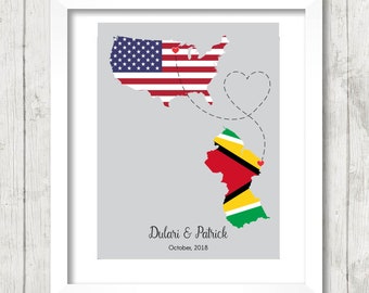 International Love Map Two Countries One Print Memphis | Etsy