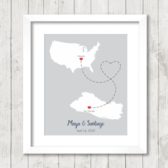International Love Map Two Countries One Print Memphis | Etsy