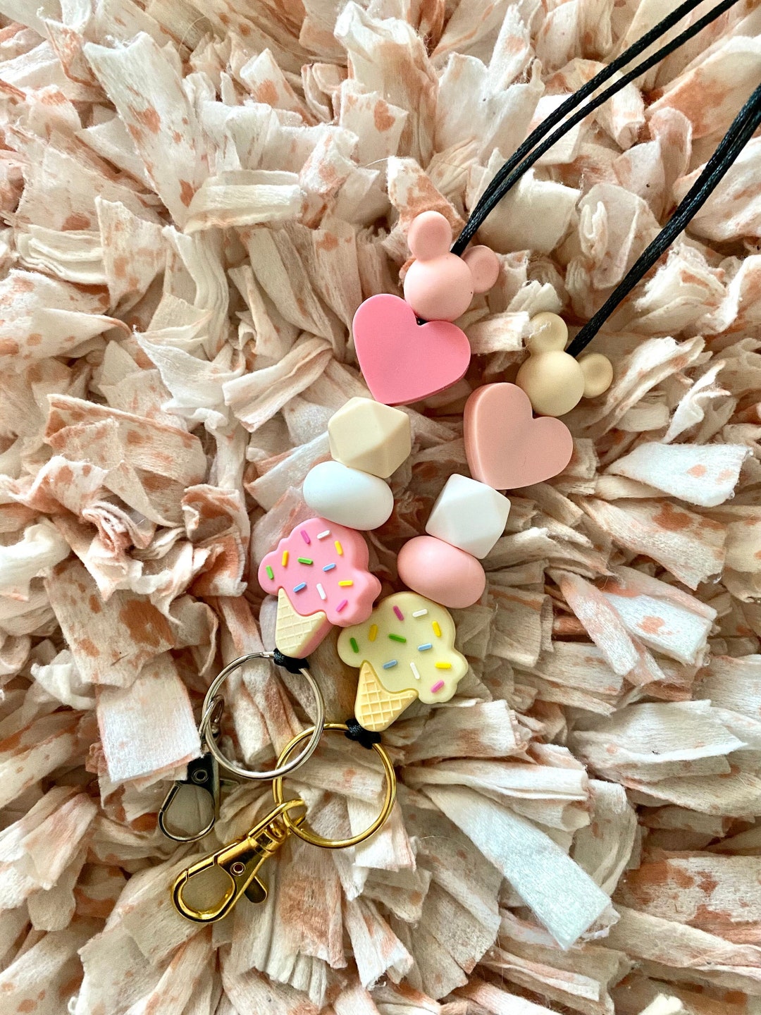 Work Lanyard for ID or Keys Mickey Custom Silicone Beads Pink Cream Ice ...