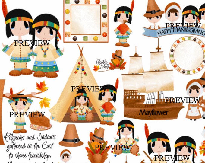 Thanksgiving Clipart. Indians and Pilgrims Characters, Sublimation ...