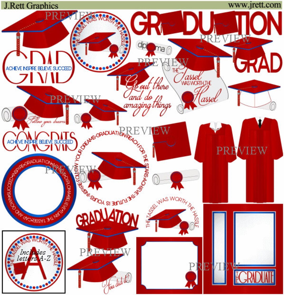 Red Blue Graduation Clipart, MORE COLORS, Red Royal Blue Cap Clip Art ...