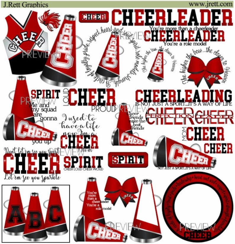 Cheer Clipart, MORE COLORS, 50+ Graphics, Black Red Cheer Clip Art ...