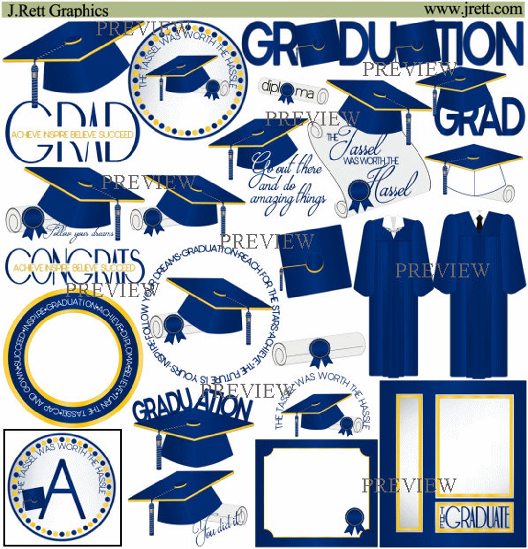 Blue Yellow Graduation Clipart, MORE COLORS, Tassel Clipart, Cap Gown ...