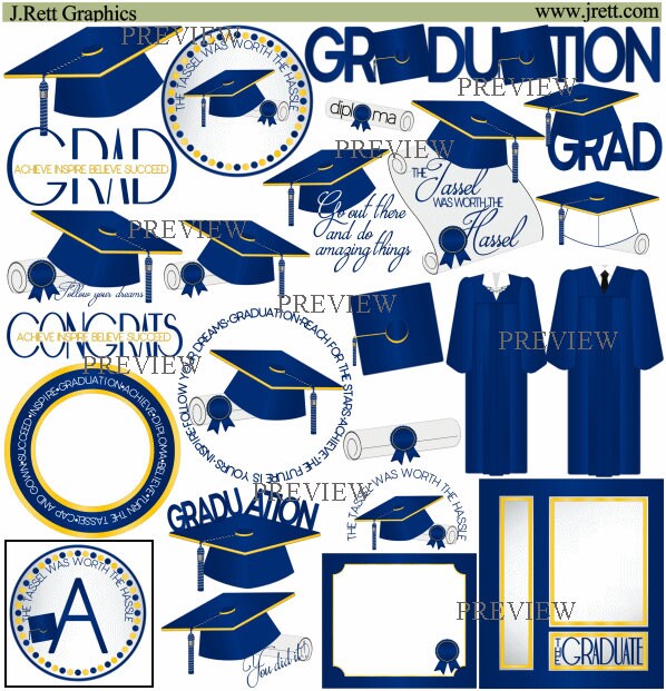 Blue Yellow Graduation Clipart, MORE COLORS, Tassel Clipart, Cap Gown ...