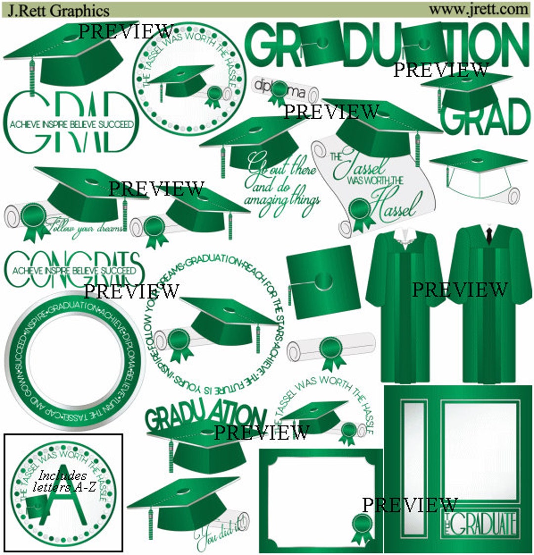 Green Graduation Clip Art, MORE COLORS, Tassel Clipart, Cap Gown ...