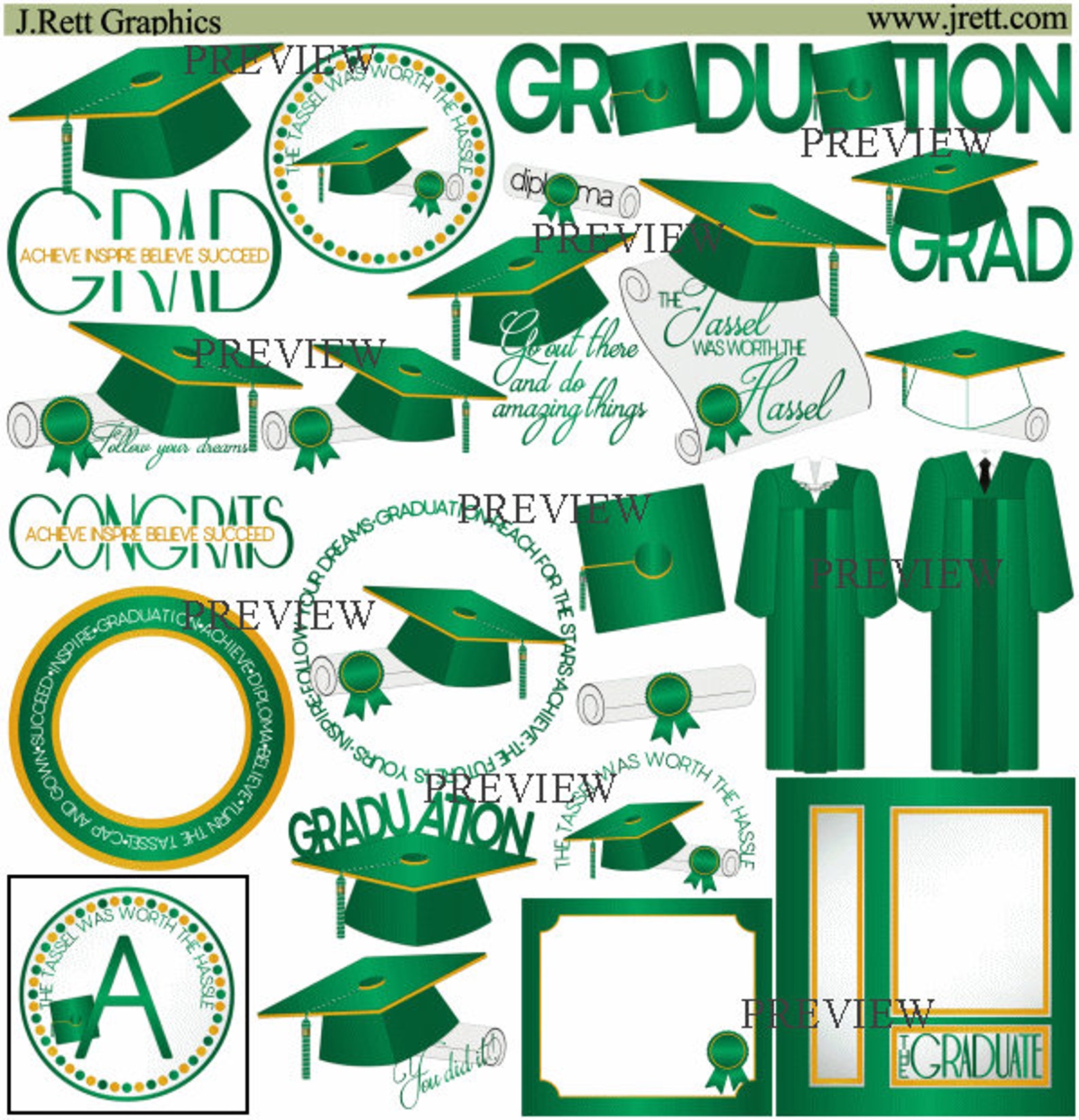 Green Graduation Clip Art, MORE COLORS, Gold Yellow Tassel Clipart, Cap ...