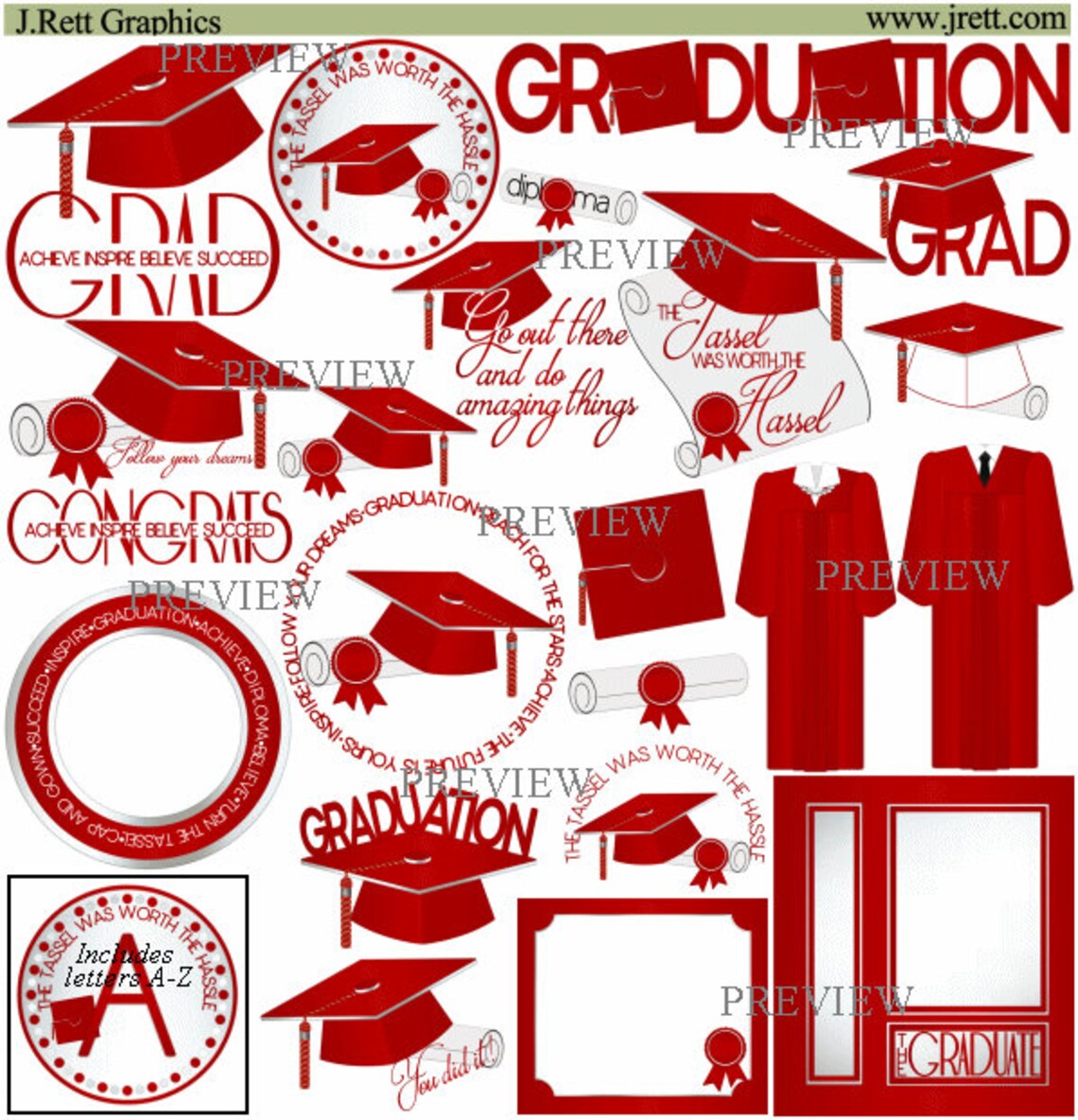 Red Graduation Clipart, MORE COLORS, Red White Cap Clip Art, Graduation ...