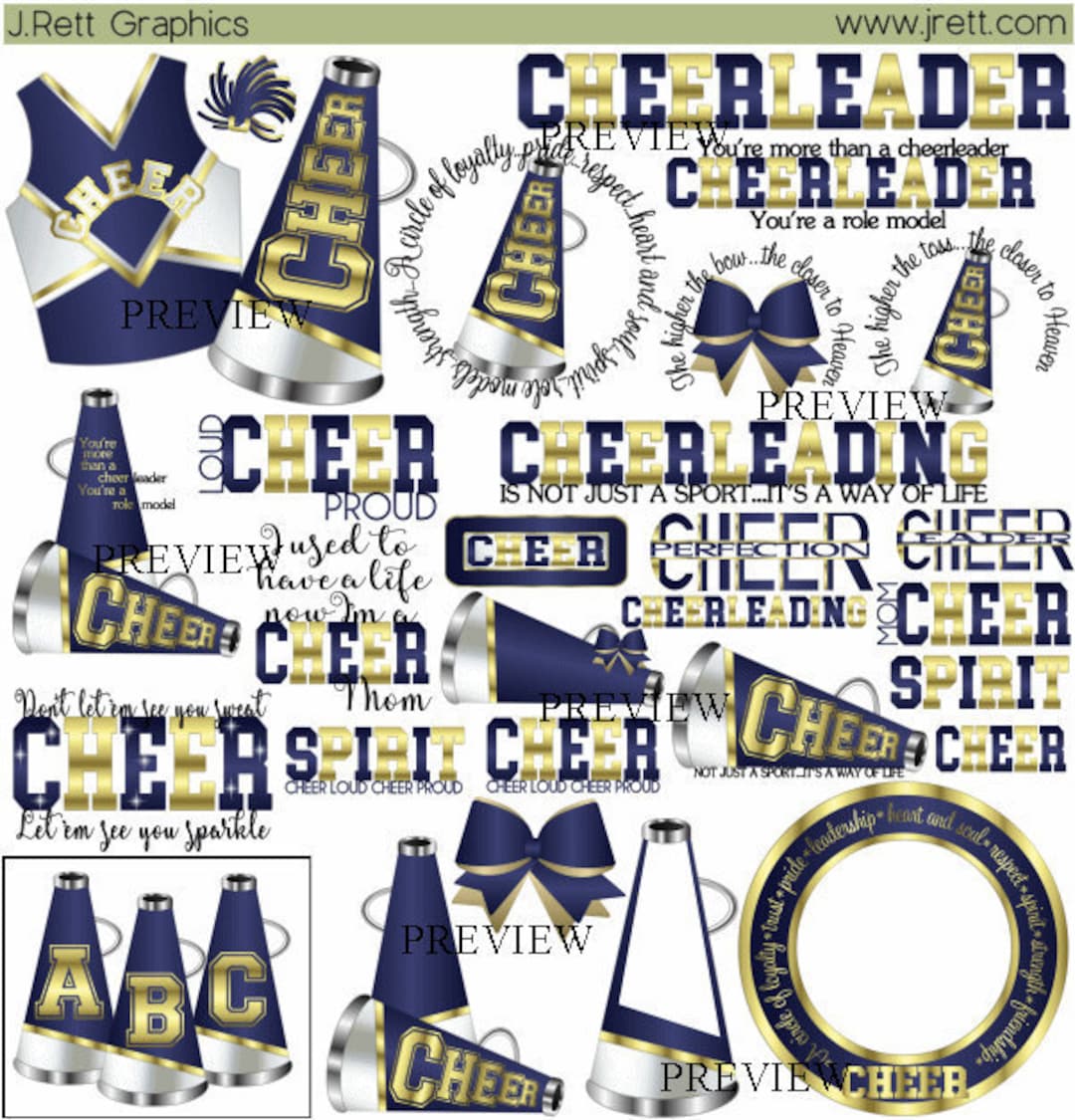 Cheer Clipart, MORE COLORS, Navy Blue Gold Cheer Clip Art, Cheerleading ...