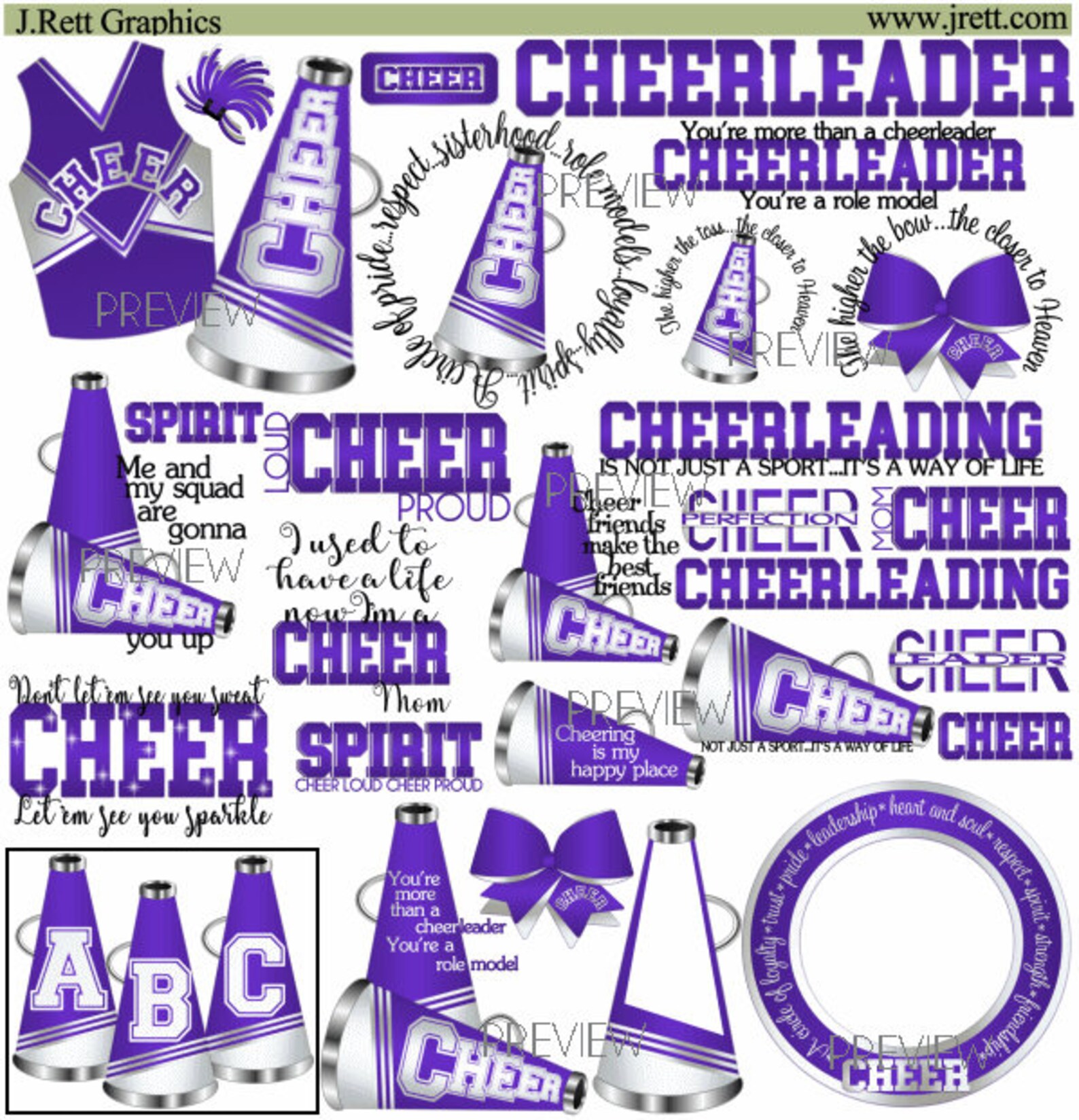 Cheer Clipart, MORE COLORS, 50+ Graphics, Purple White Cheer Clipart ...