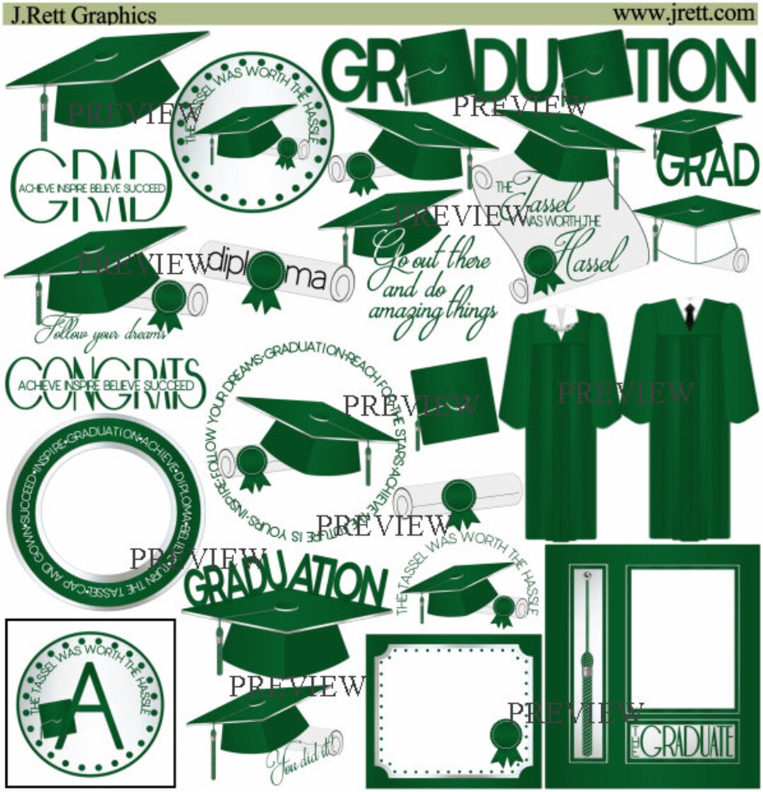 Green Graduation Clipart, MORE COLORS, Cap and Tassel Clip Art ...