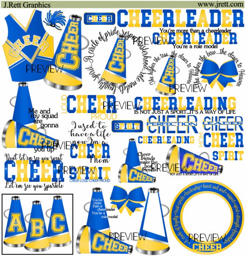 Cheerleader Clip Art, MORE COLORS, 50+ Graphics Blue Yellow Gold Cheer ...