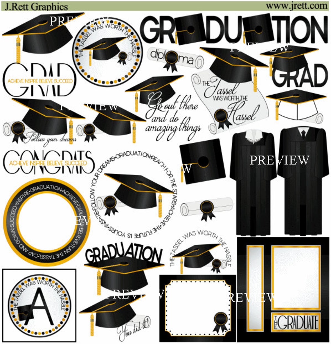 Black Gold Graduation Clipart, MORE COLORS, Clip Art, Yellow Cap Tassel ...