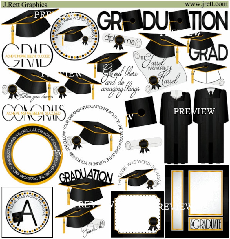 Black Gold Graduation Clipart, MORE COLORS, Clip Art, Yellow Cap Tassel ...