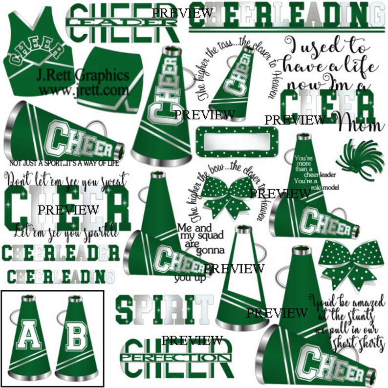 Cheer Clipart, MORE COLORS, 50+ Graphics, Green White Cheer Clip Art ...