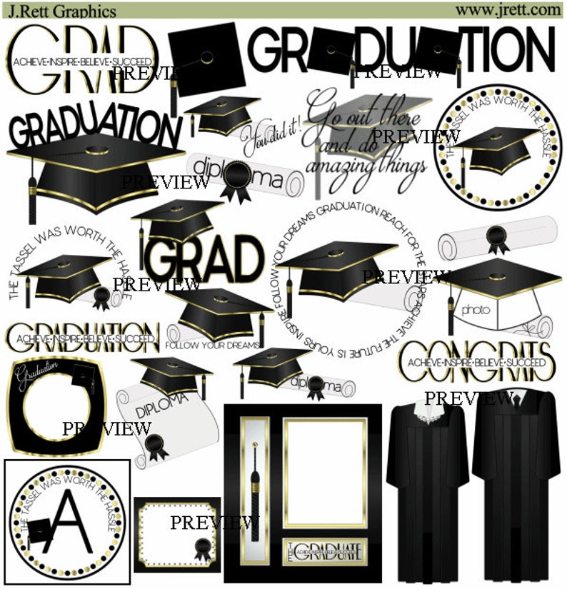 Graduation Clip Art, MORE COLORS, Black Gold Clipart, Graduation Cap ...