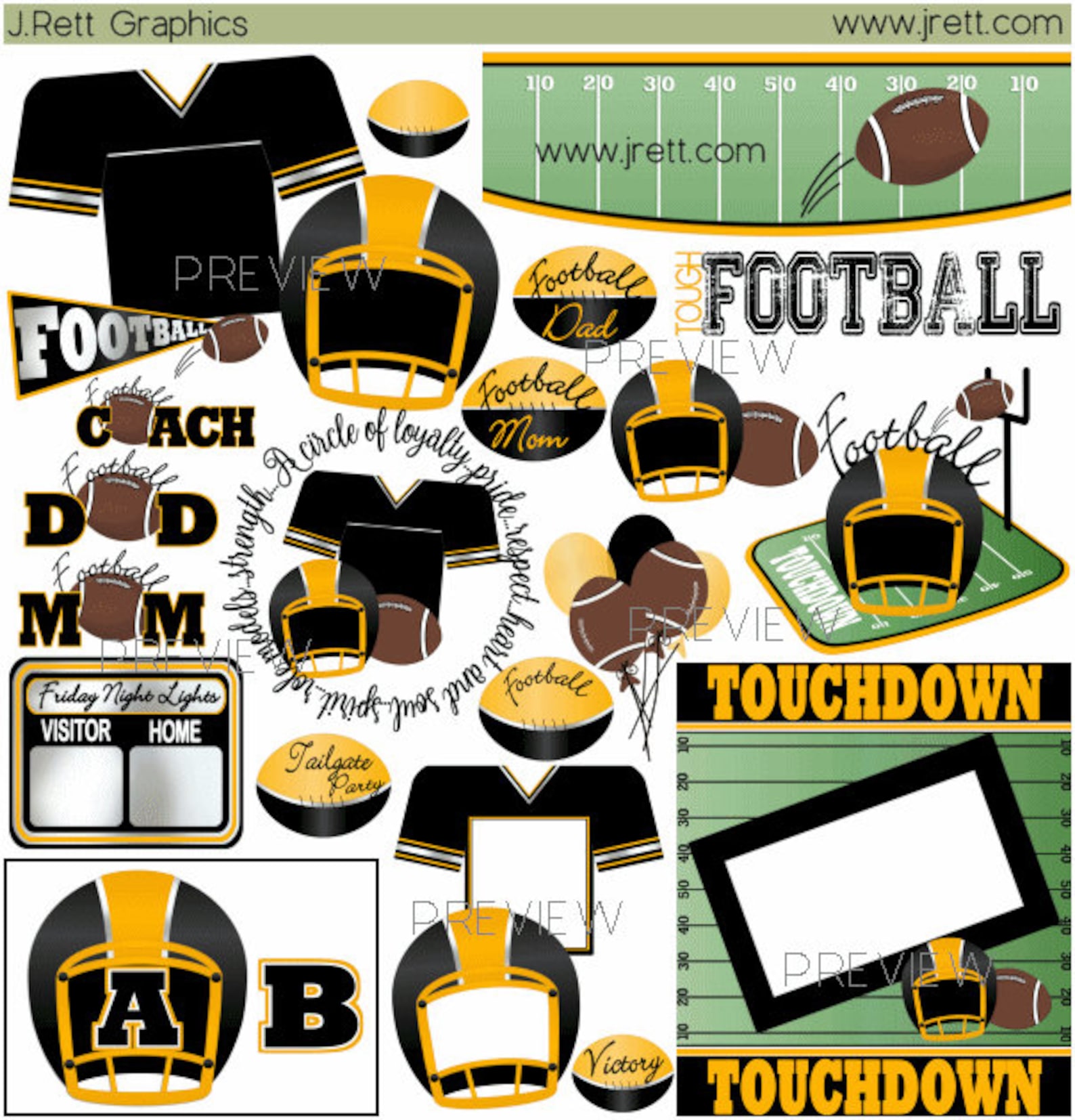 Football Clip Art, MORE COLORS, Black Gold, Football Clipart, Football ...