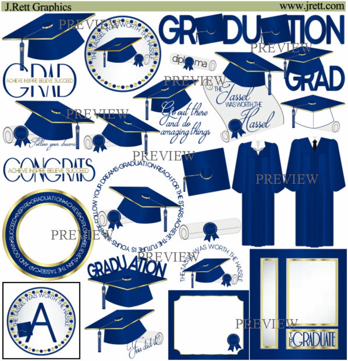 Blue Graduation Clip Art, MORE COLORS, Gold, Tassel Clipart, Cap Gown ...