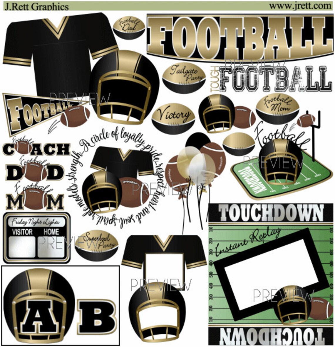 Football Clip Art, MORE COLORS, Black Gold, Football Clipart, Football ...