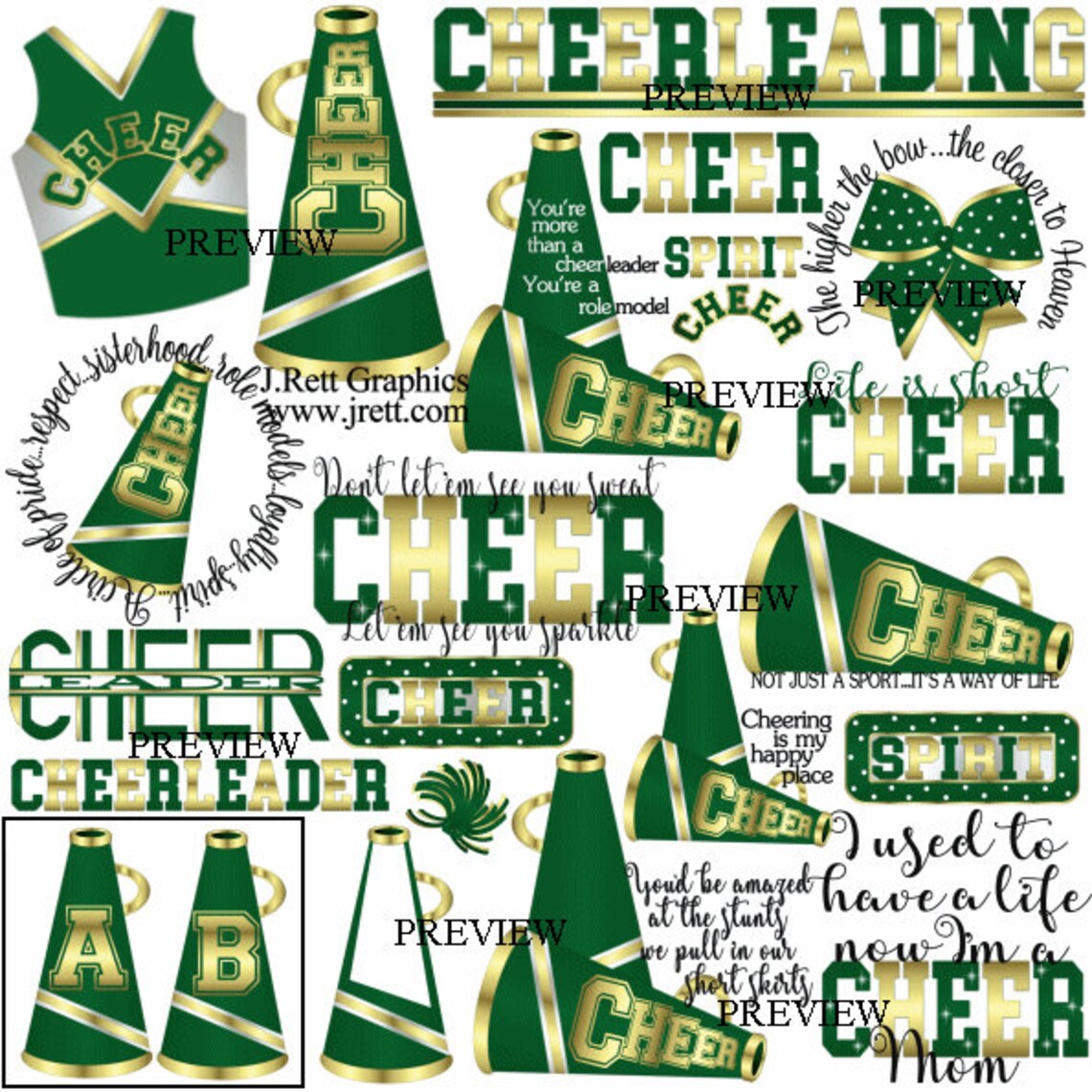 Cheer Clipart, MORE COLORS, 50+ Graphics, Green Gold Cheerleader Clip ...