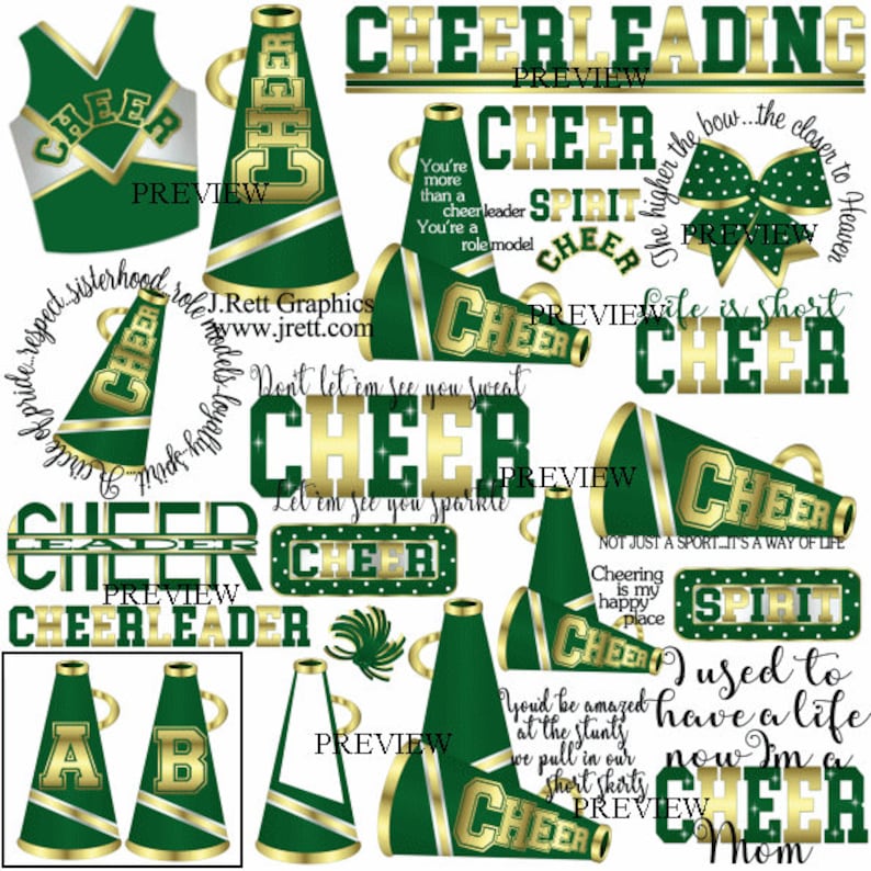 Cheer Clipart, MORE COLORS, 50+ Graphics, Green Gold Cheerleader Clip ...