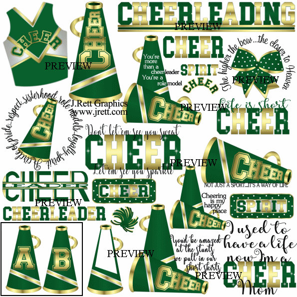 Cheer Clipart, MORE COLORS, 50+ Graphics, Green Gold Cheerleader Clip ...