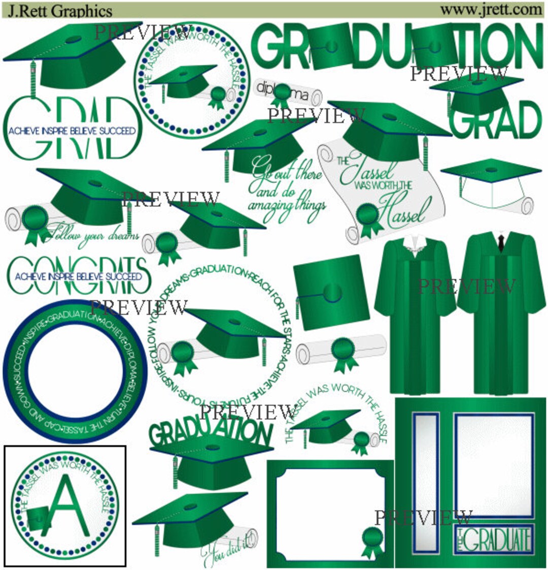 Green Blue Graduation Clipart, MORE COLORS, Tassel Clip Art, Cap Gown ...