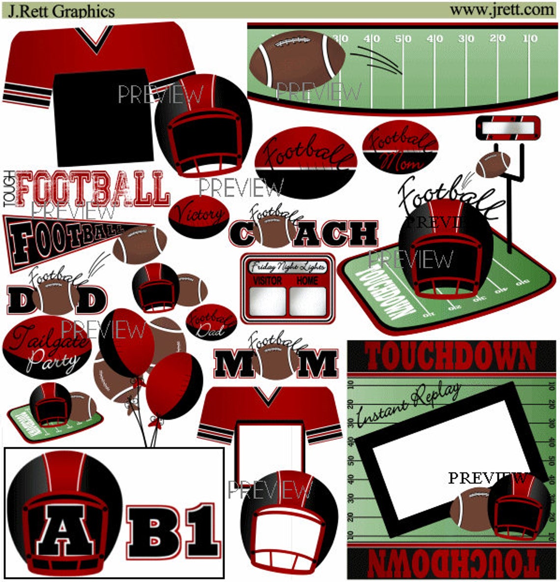 Football Clip Art, MORE COLORS, Black Red, Football Clipart, Football ...