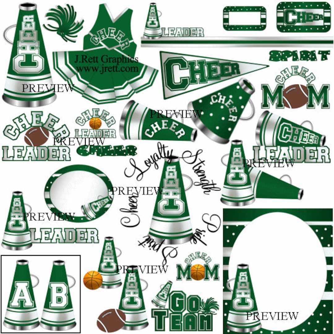 Cheerleader Clipart, MORE COLORS, 50+ Graphics, Green White Cheer ...