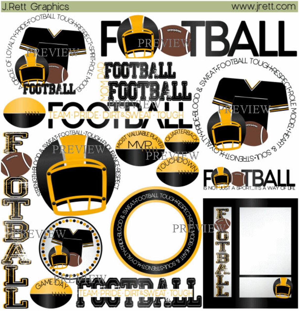 Football Clipart, MORE COLORS, Black Gold Yellow Football Clipart ...