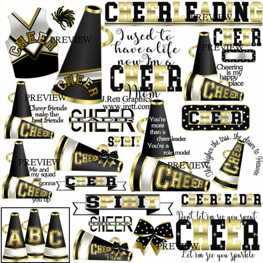 Cheer Clip Art, MORE COLORS, 50+ Graphics, Black Gold Cheerleader Clip ...