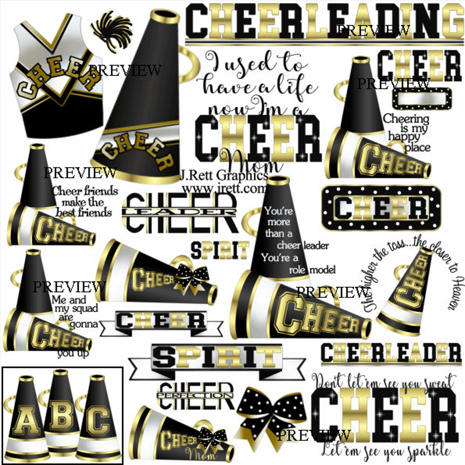 Cheer Clip Art, MORE COLORS, 50+ Graphics, Black Gold Cheerleader Clip ...